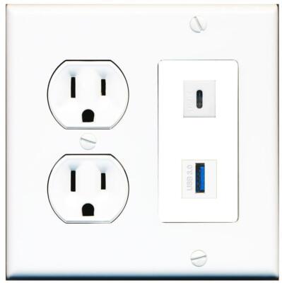 2 Port Electrical Outlet Cover Plug Round White UL USB-3 USBC Wall ...