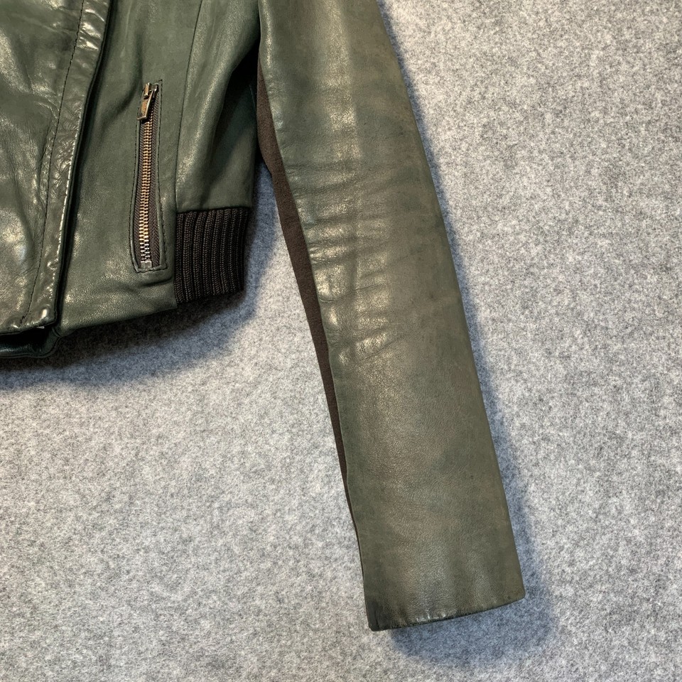 BCBGMAXAZRIA Womens Leather Bomber Jacket Green Fleece Collar Zipped ...