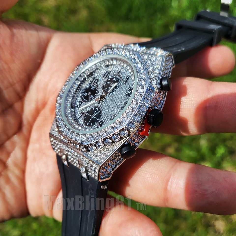 LUXURY HIP HOP ICED SILICONE BAND SIMULATED DIAMOND BLING WRIST FASHION ...