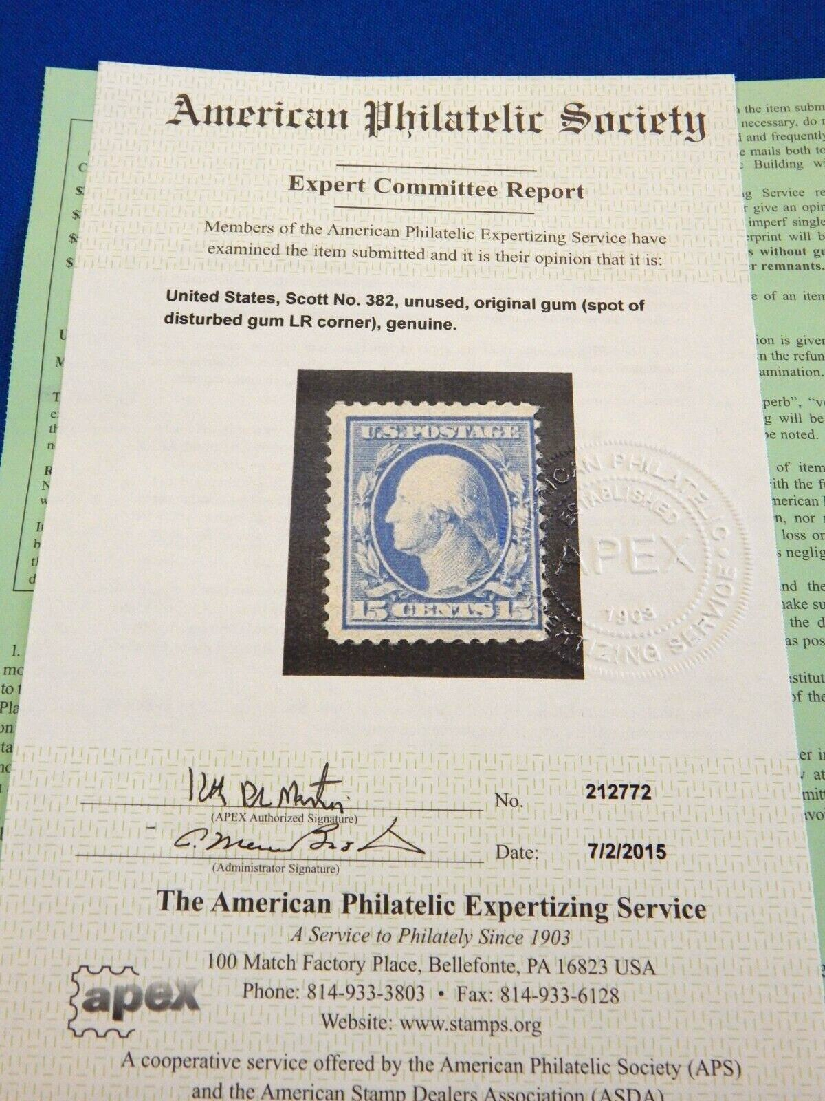 U.S. STAMPS SCOTT #382 Unused OG APS CERTIFICATE | eBay