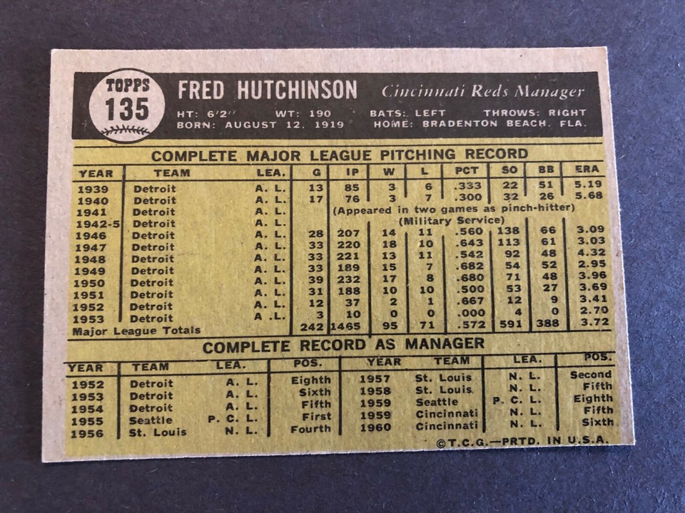 1961 Topps Fred Hutchinson #135 - Tigers, Reds manager - EX/MT-NM | eBay