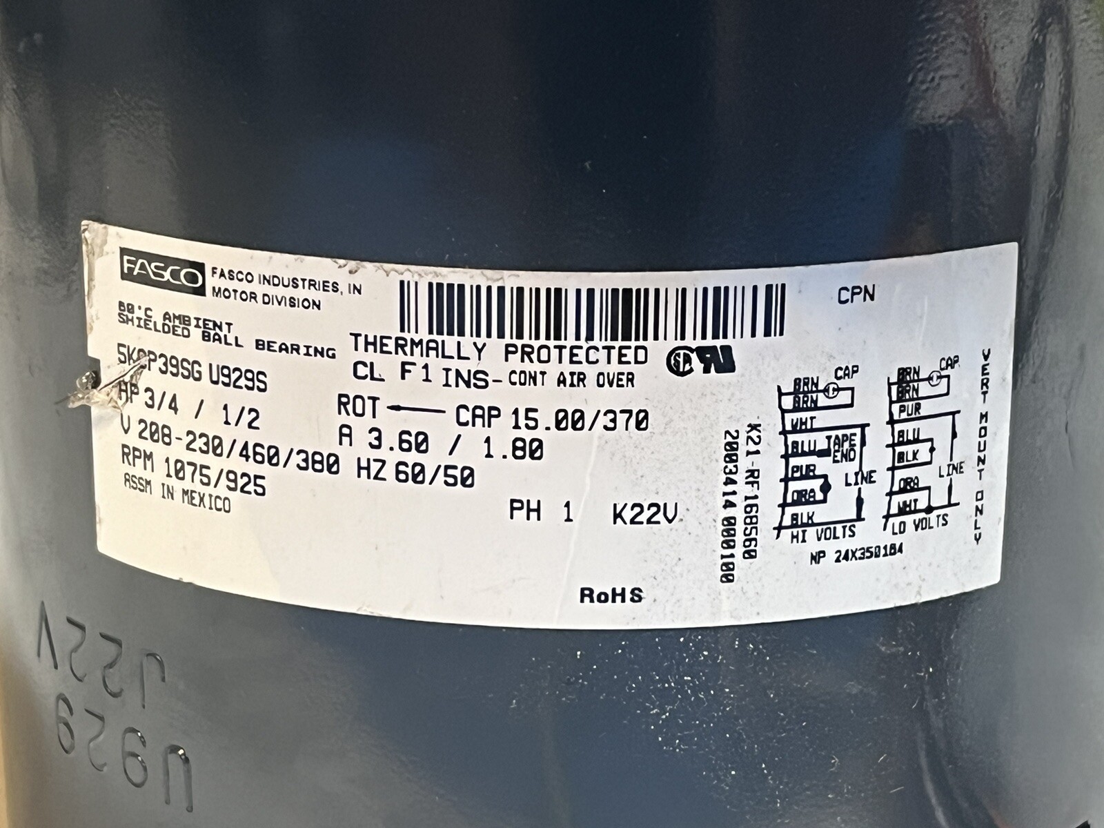 FASCO 5KCP39SG-U929S 3/4HP Motor 208/460 1 075RPM (NEW) for sale online ...