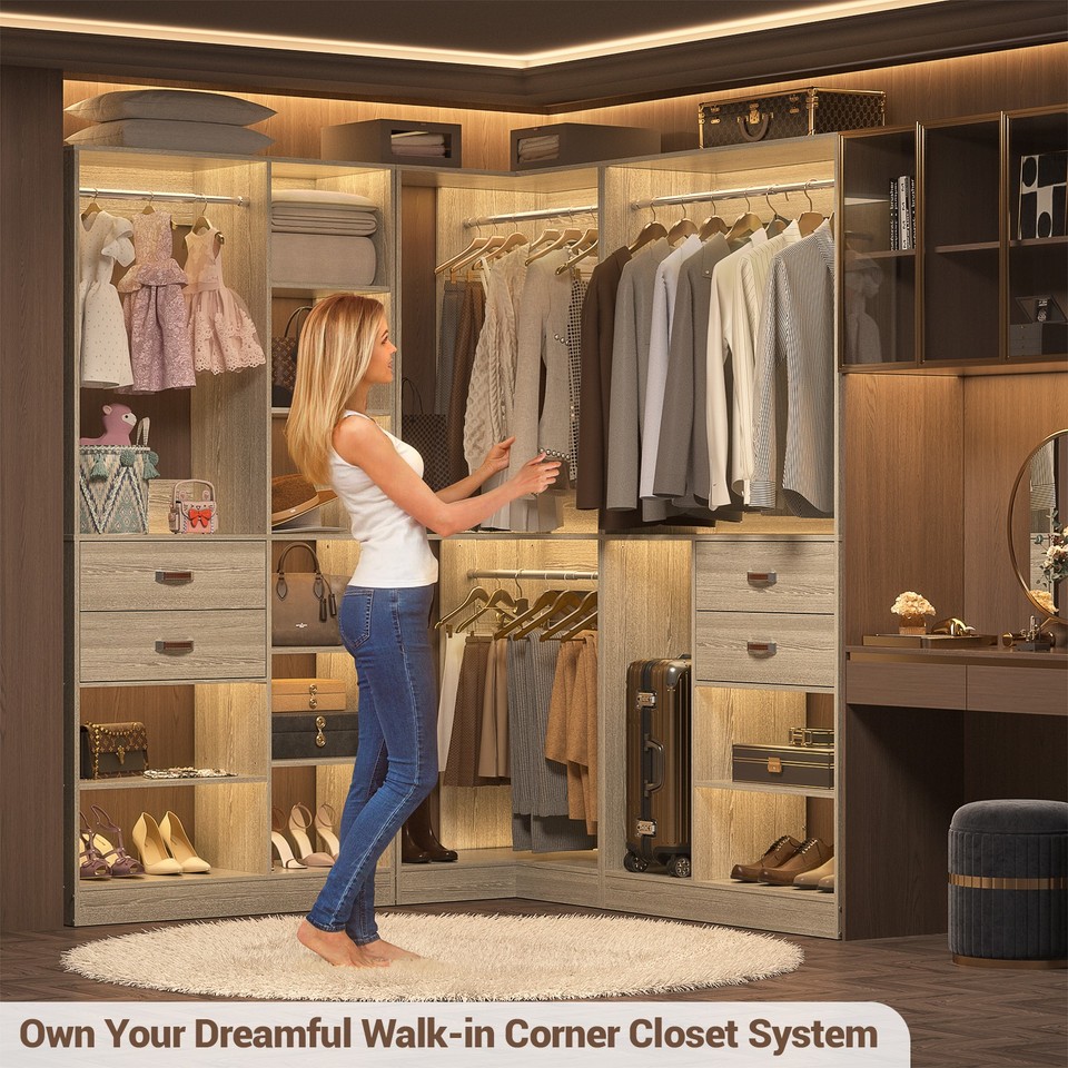 3-Tier Corner Closet System 32" Corner Unit W/ 2 Hanging Rods Wood ...