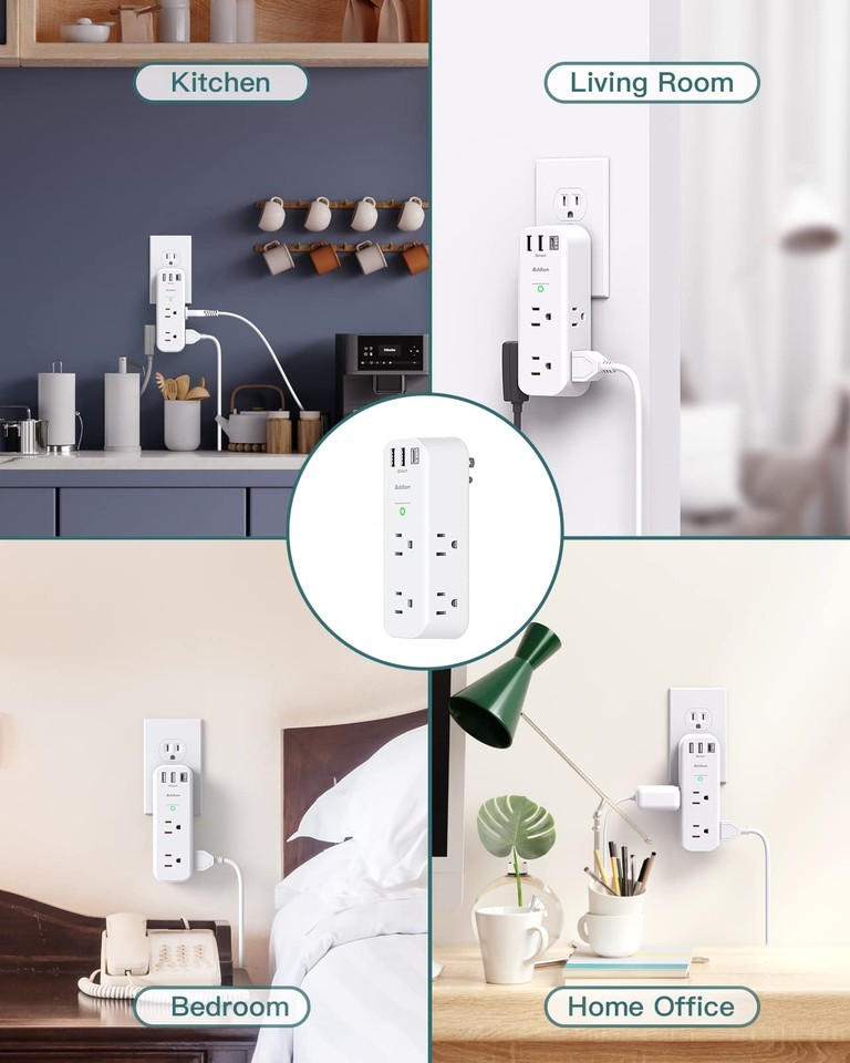 6 Outlet Extender Surge Protector Multi Plug Wall Adapter 3 USB Charger ...