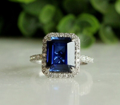 2CT Emerald Cut Lab-Created Sapphire Engagement Ring 14K White Gold ...