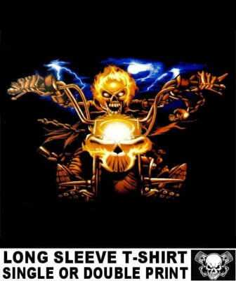 FLAMING GHOST SKULL MOTORCYCLE RIDER BIKER V-TWIN ENGINE CHOPPER T ...