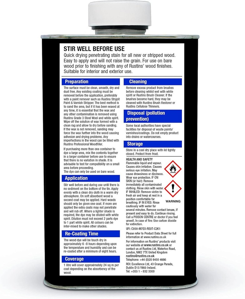 Rustins Wood Dye 250ml Interior & Exterior Colour Inc Oak, Pine, Teak ...