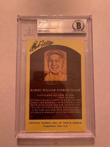 BOB FELLER AUTO BECKETT AUTHENTICATED AUTOGRAPH HALL OF FAME PLAQUE ...