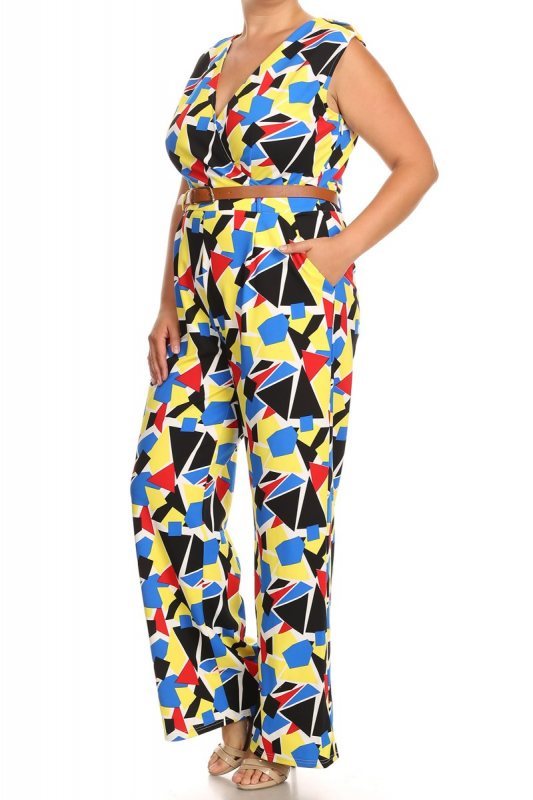 Plus Size Multi-color Jumpsuit Abstract Print Sleeveless Relaxed Fit ...