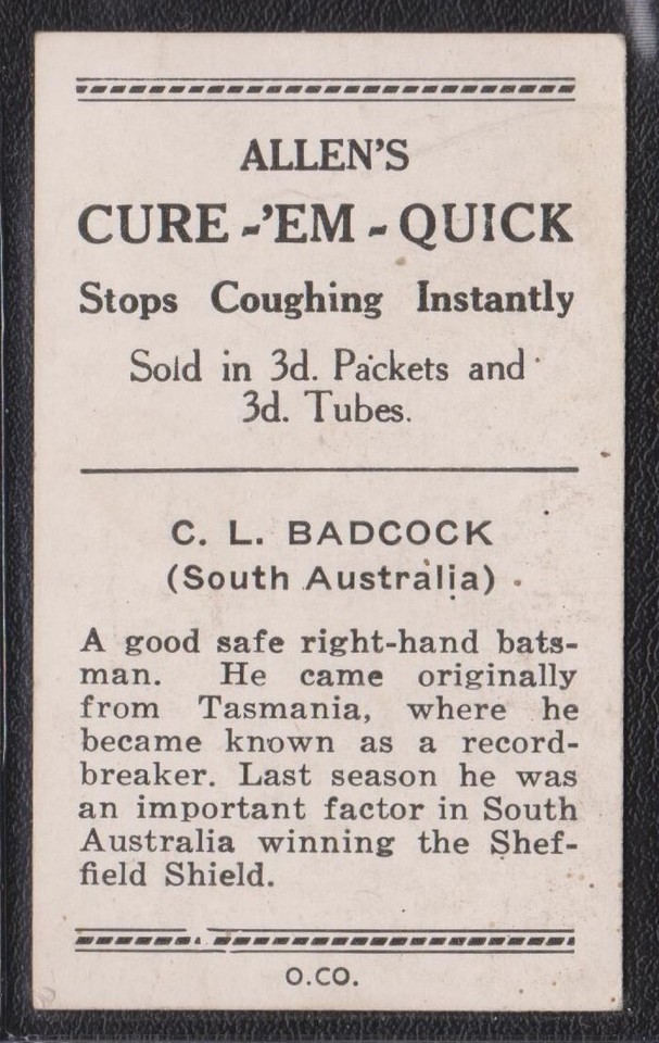 Allen's Cricketers 1936/37 No.18 C.L.Badcock - Cure em Quick Back | eBay