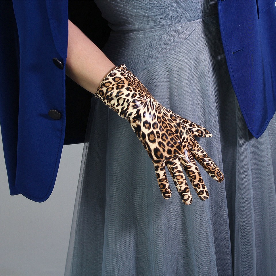 LATEX LONG GLOVES Shine Leather PU 28" 70cm Animal Print Brown Cheetah ...