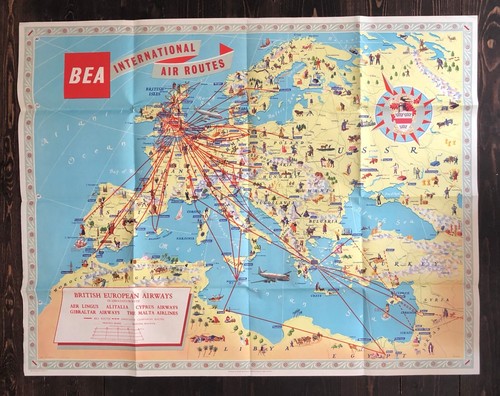 BEA BRITISH EUROPEAN AIRWAYS ORIGINAL VINTAGE ROUTE MAP AIRLINE POSTER ...
