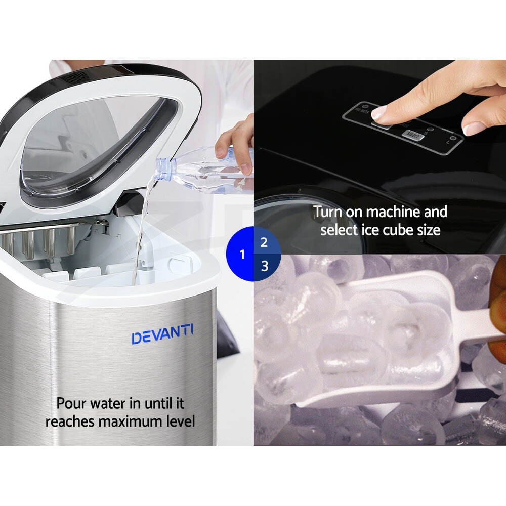 Devanti Ice Maker Machine Commercial Portable Ice Cube Tray Stainless ...