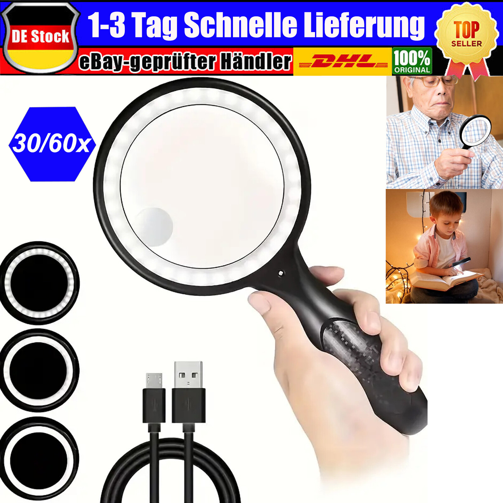 Extra Große LED Handlupe Mit Licht 30/60 Fach Vergrößerung Beleuchtete ...