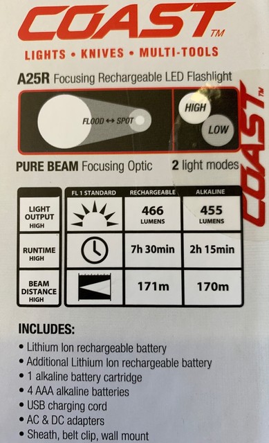 COAST A25R 1 x Rechargeable Pack Lithium or 4 x AAA Alkaline Flashlight ...