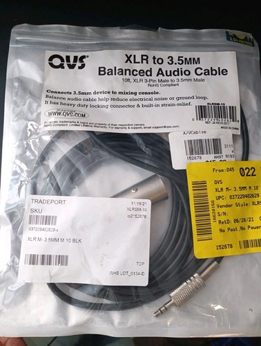 QVS 10ft XLR To 3.5mm Balanced Audio Cable XLR 3 Pin Male To 3.5mm Male ...
