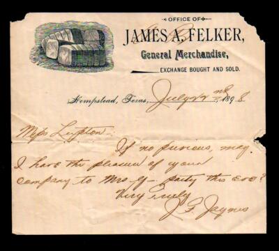 James A Felker - 1898 Hemstead Texas General Merchandise RARE Letter ...