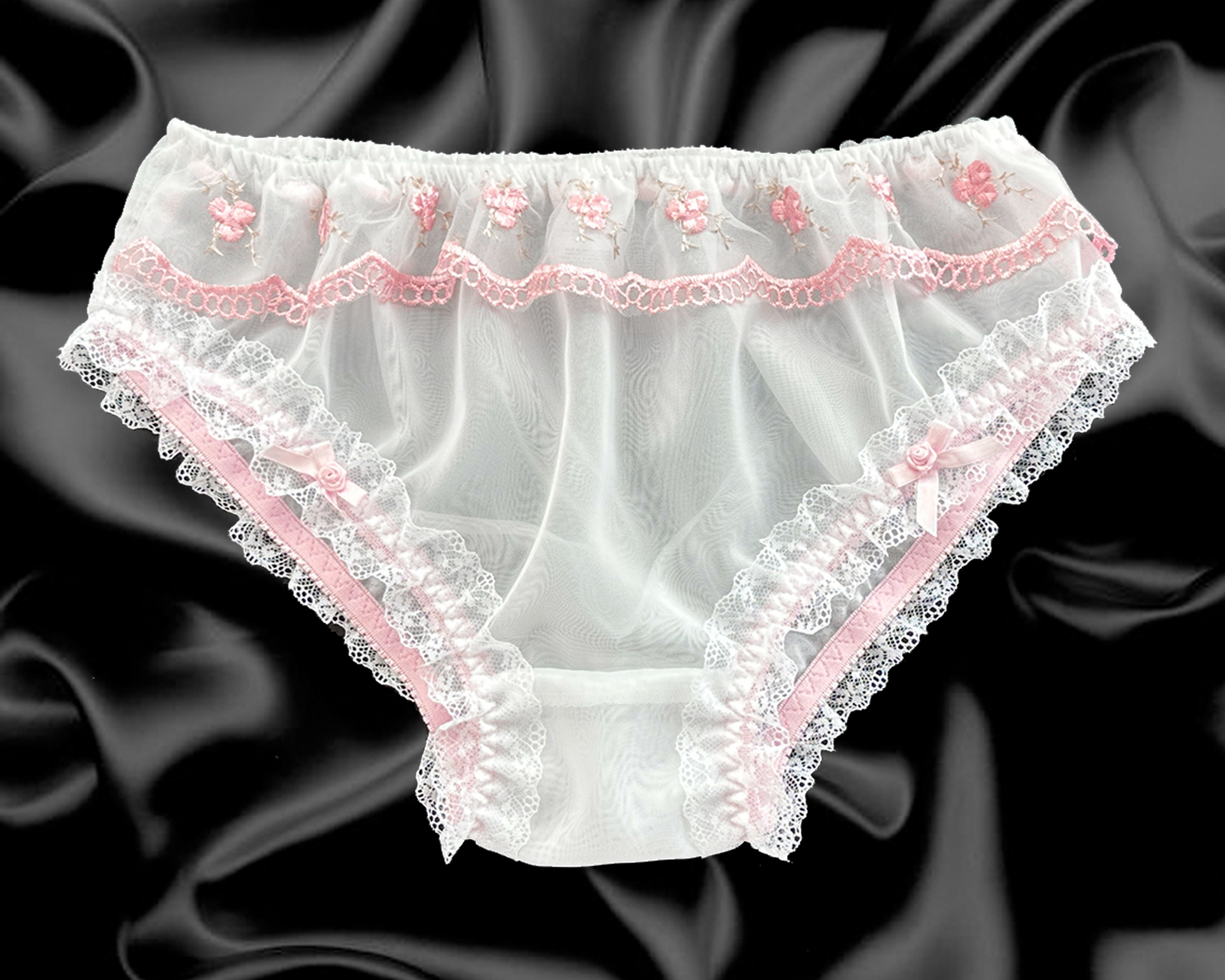 White Sissy Sheer Nylon Frilly Lace Soft Satin Bow Panties Knickers ...