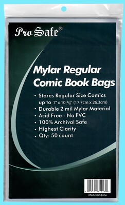 50 PRO SAFE REGULAR MYLAR COMIC BOOK BAGS 2 MIL Clear Archival Storage ...