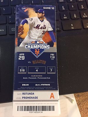 2016 NEW YORK METS VS SAN FRANCISCO GIANTS TICKET STUB 4/29 METS RECORD ...