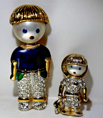 Carolee Big Boy & Little Boy (2) Gold Tone Enamel & Pave Crystals Pins ...