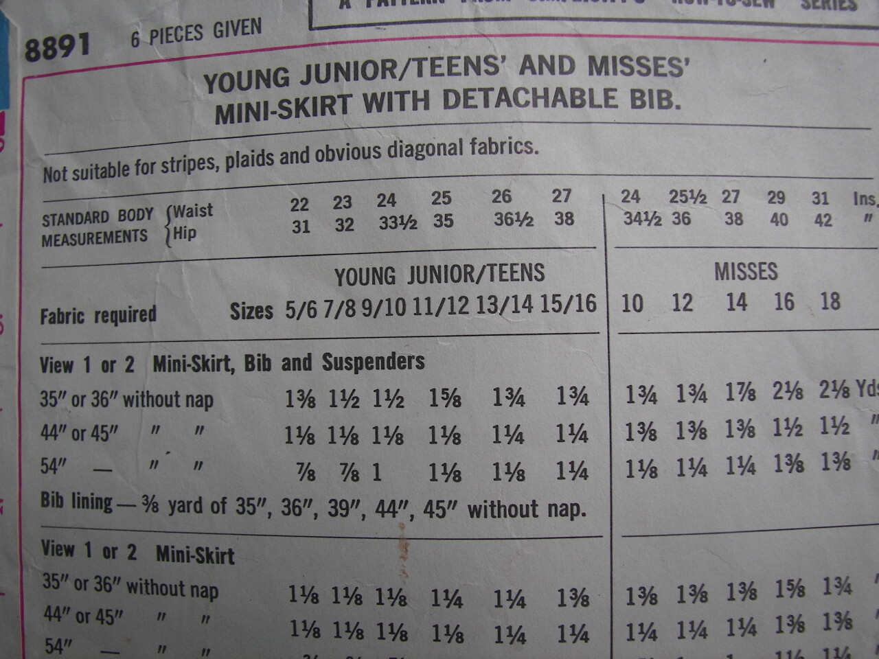 VTG ~ Simplicity Pattern #8891 Yng Jr/Teen Mini-Skirt w/Detachable Bib ...