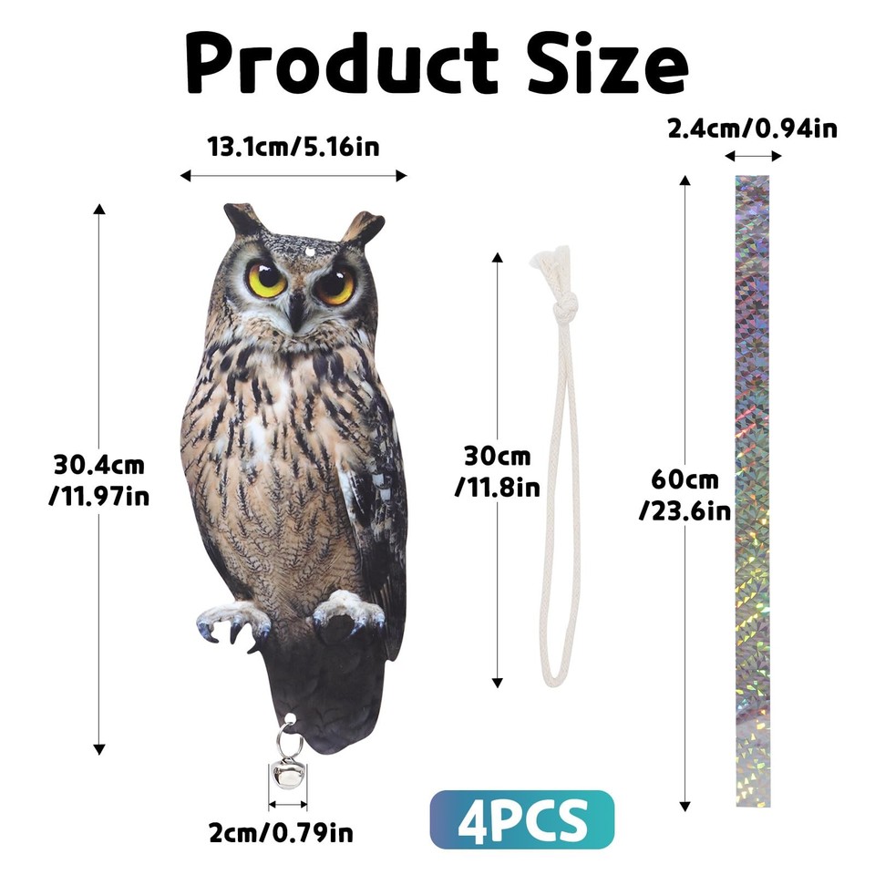 Fake Owl Decoy to Scare Birds, 4Pack Pigeon Deterrent Bird Scarer ...