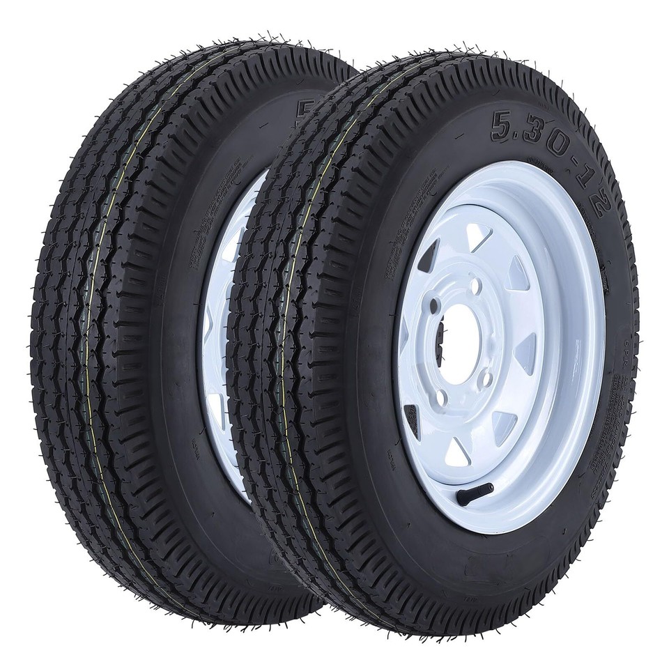 2 Pack 5.30-12 5.30x12 Trailer Tires with 12'' Rims 4 Lug on 4'' Load ...
