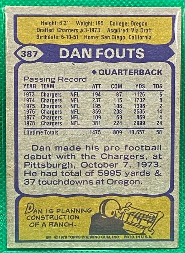 1979 Topps 387 Dan Fouts San Diego Chargers Oregon Ducks | eBay