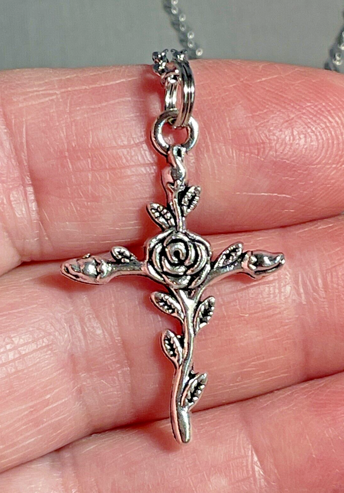 Rose Cross Necklace 20” Stainless Spiritual Religious Christian Jewelry ...