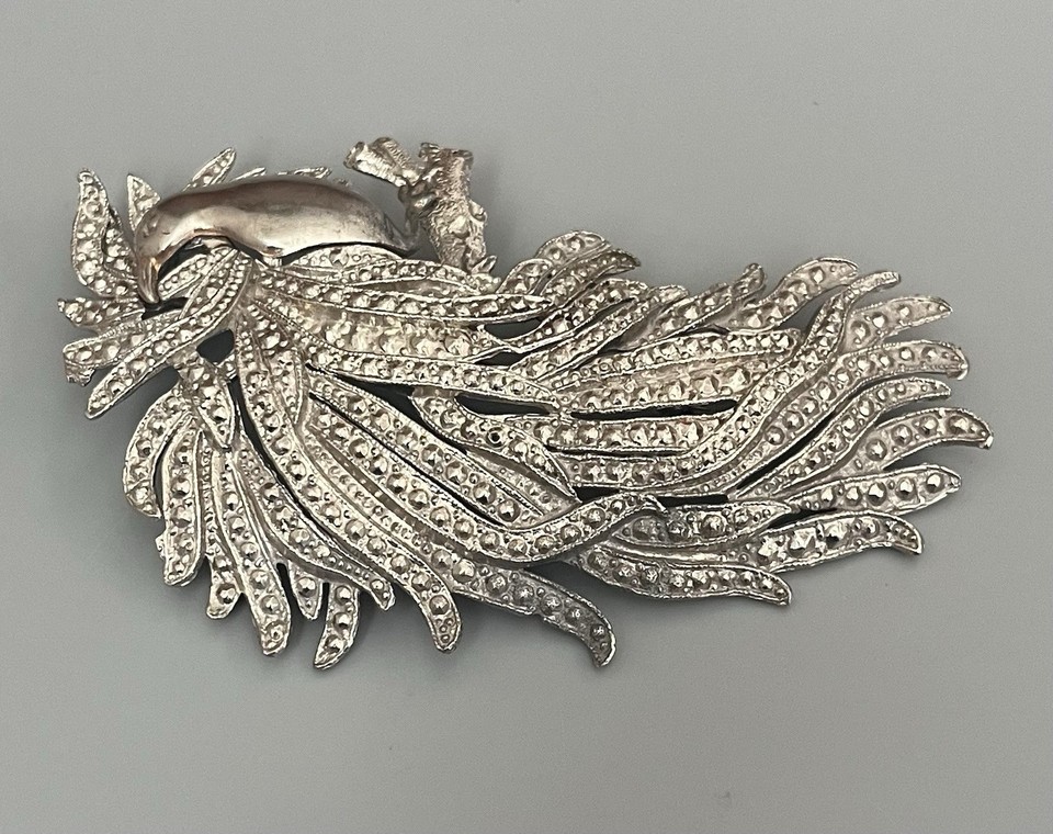 VTG Cut Silver Tone Pot Metal-Exotic Peacock-Phoenix Bird Brooch Large ...