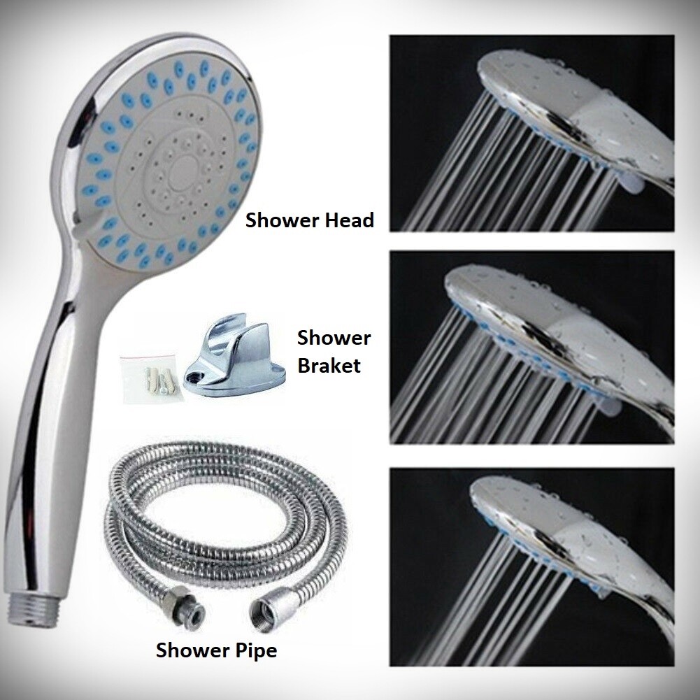 Universal SHOWER head 5 mode function chrome handset+hose pipe water ...