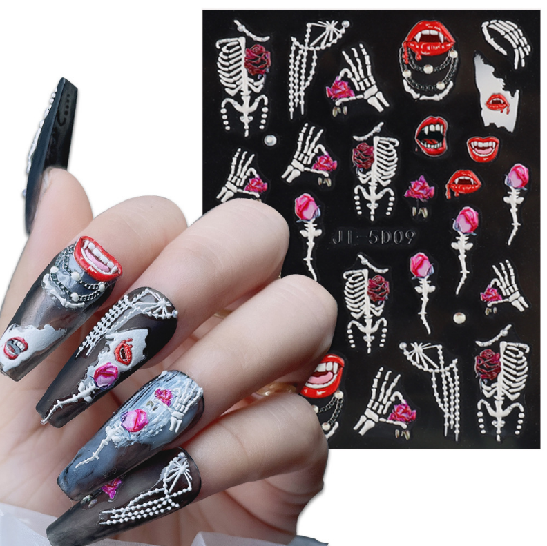 Nail Art Sticker Halloween Eye Blood Skull Skeleton Pumpkin 5D Embossed ...