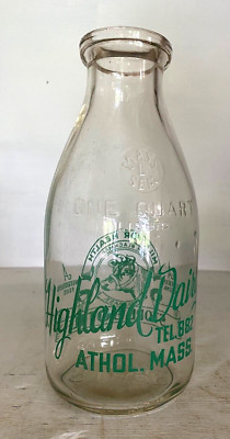 Vintage Round Squat Quart Milk Bottle -Highland Dairy, Athol, MA -Green ...