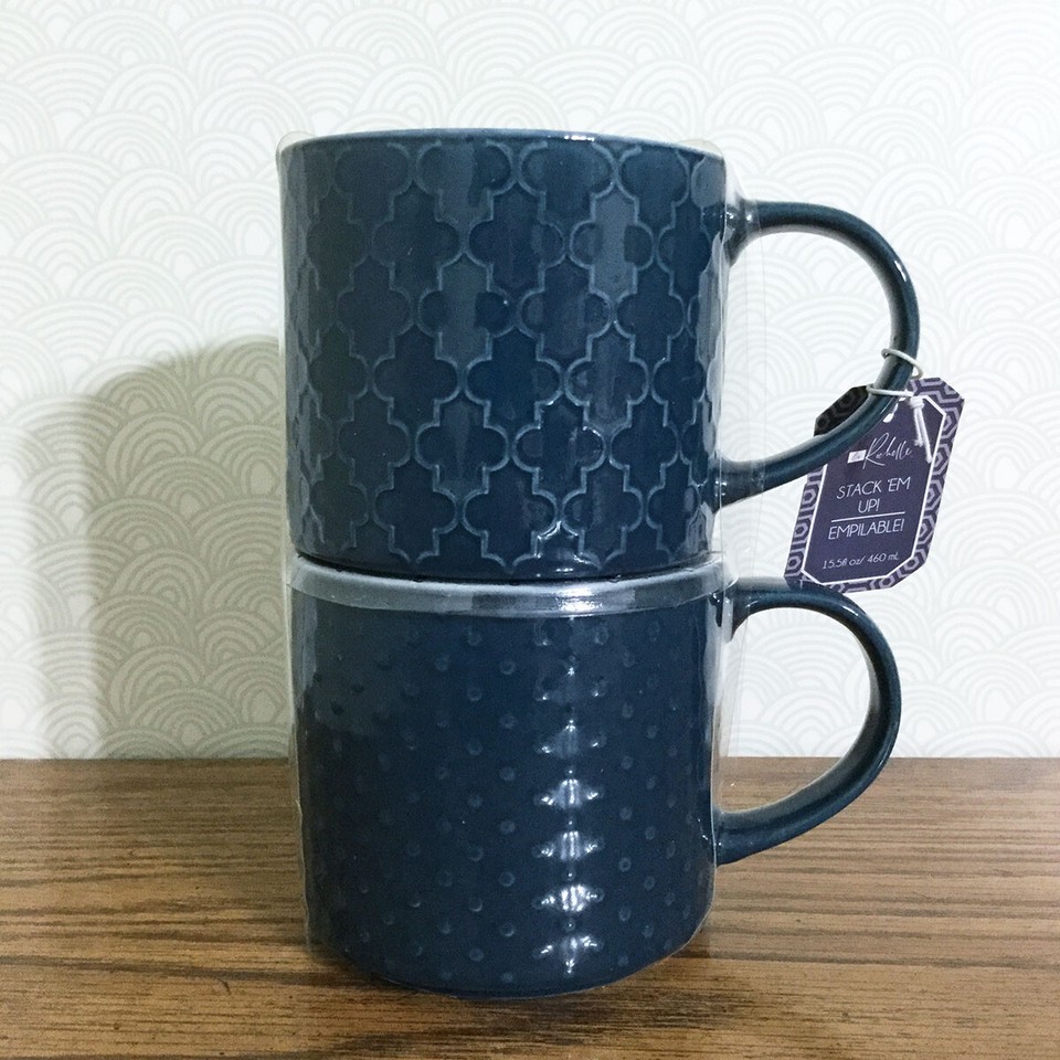 Embossed Coffee Mug Set 2 Stackable Stoneware 14 oz Geometric Classic ...