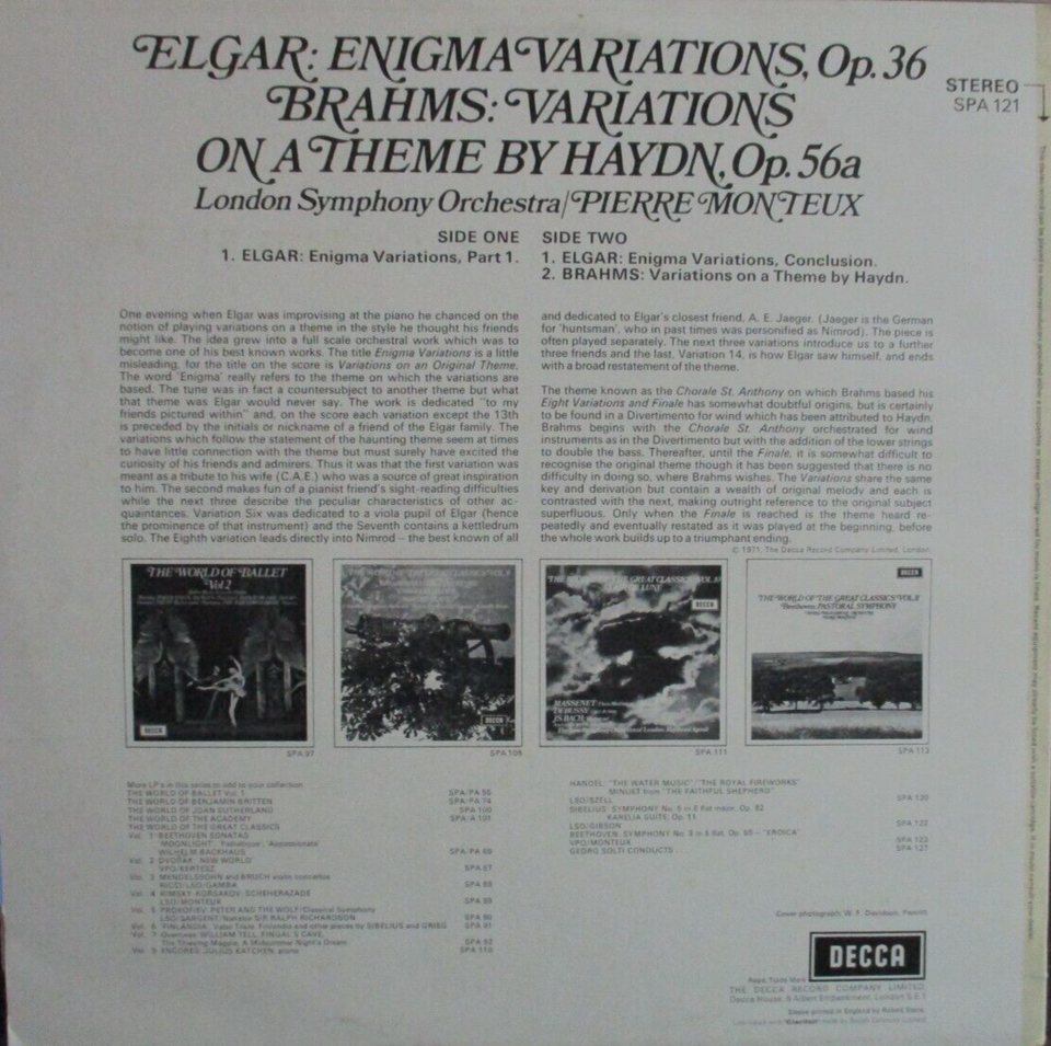Elgar : Enigma Variations / Brahms A Theme By Haydn 12” Vinyl LP Album ...