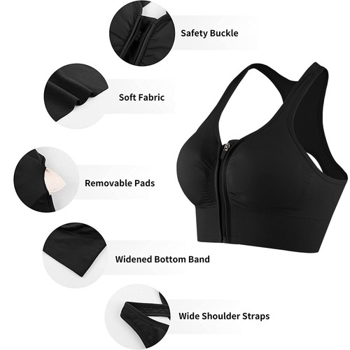 Women Zip Front Sports Bra Wireless Post Surgery Bra Active Yoga Gym