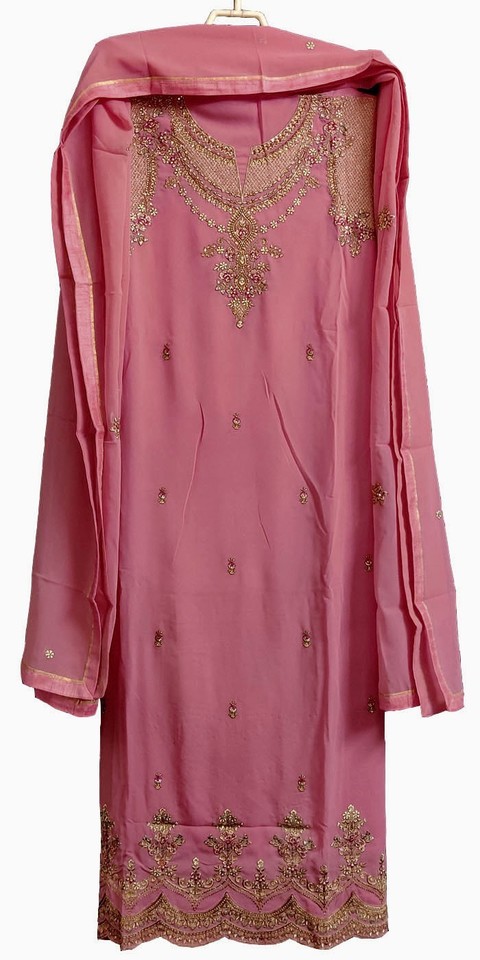 DULL PINK GRGT INDIAN PAKISTANI SALWAR KAMEEZ SUIT MATERIAL HEVY EMBR ...
