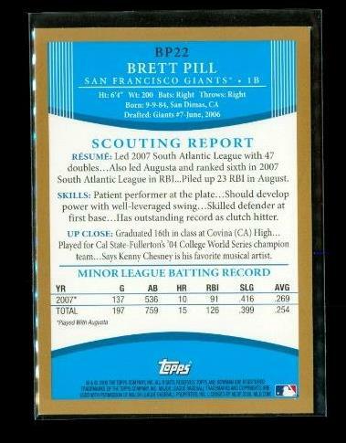 2008 TOPPS 1ST BOWMAN Gold Baseball Card BP22 BRETT PILL San Francisco ...