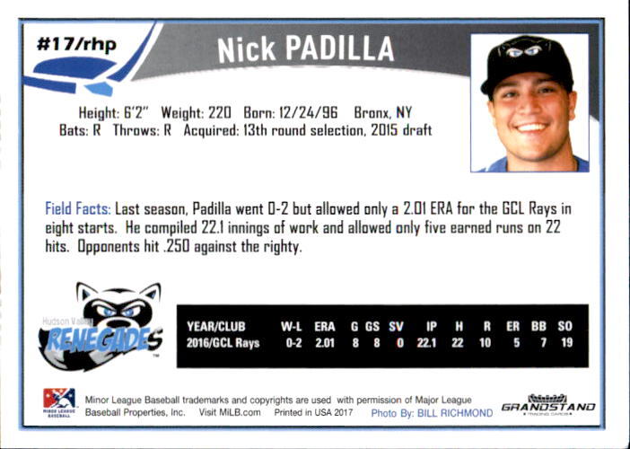2017 Hudson Valley Renegades Grandstand #22 Nick Padilla Bronx New York NY Card | eBay