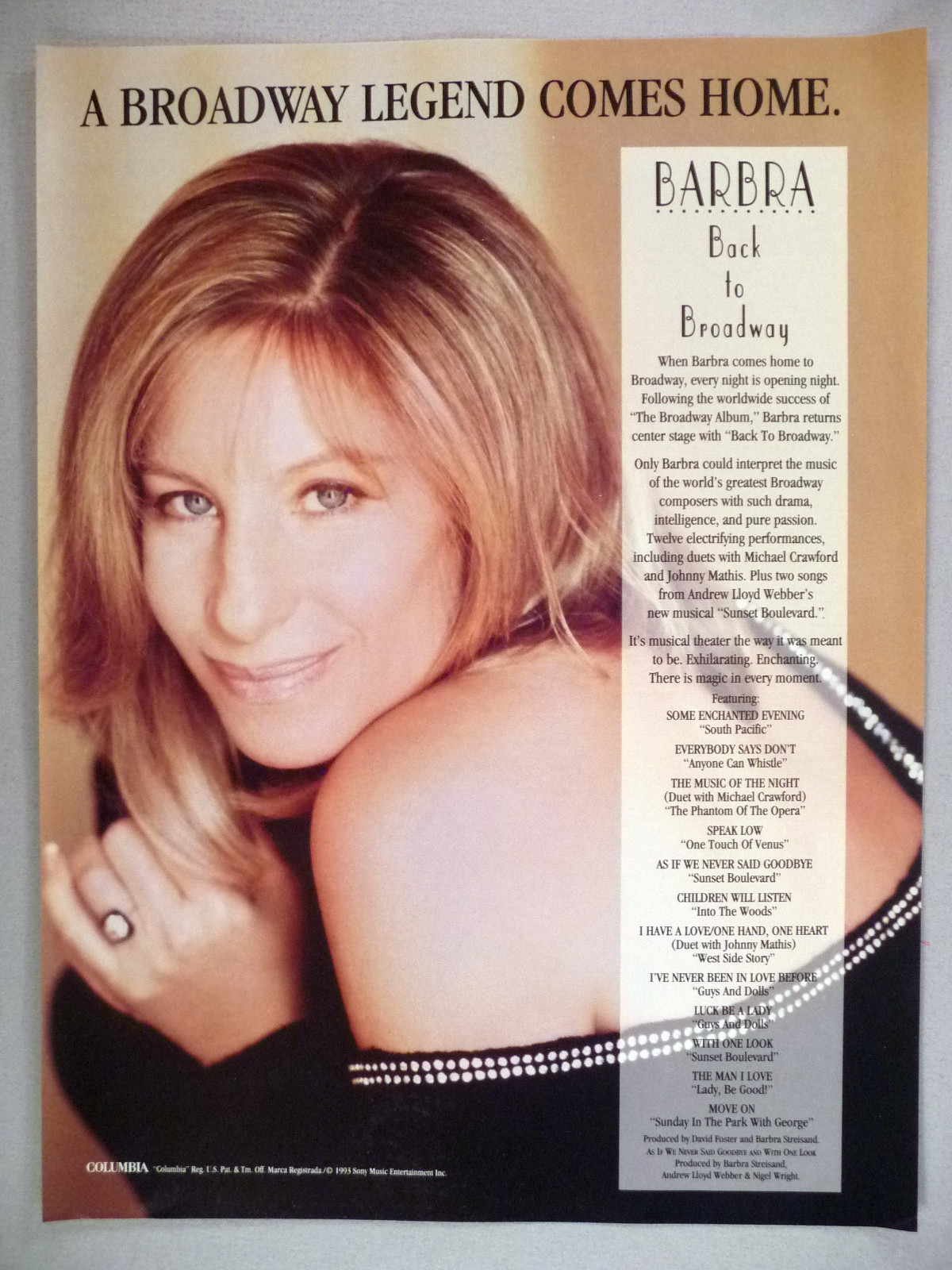 Barbra Streisand "Back To Broadway" PRINT AD - 1993 | eBay