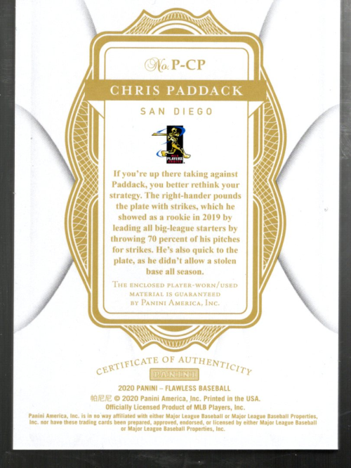 B4376- 2020 Panini Flawless Patches Sapphire #28 Chris Paddack Patch /15 - NM-MT | eBay