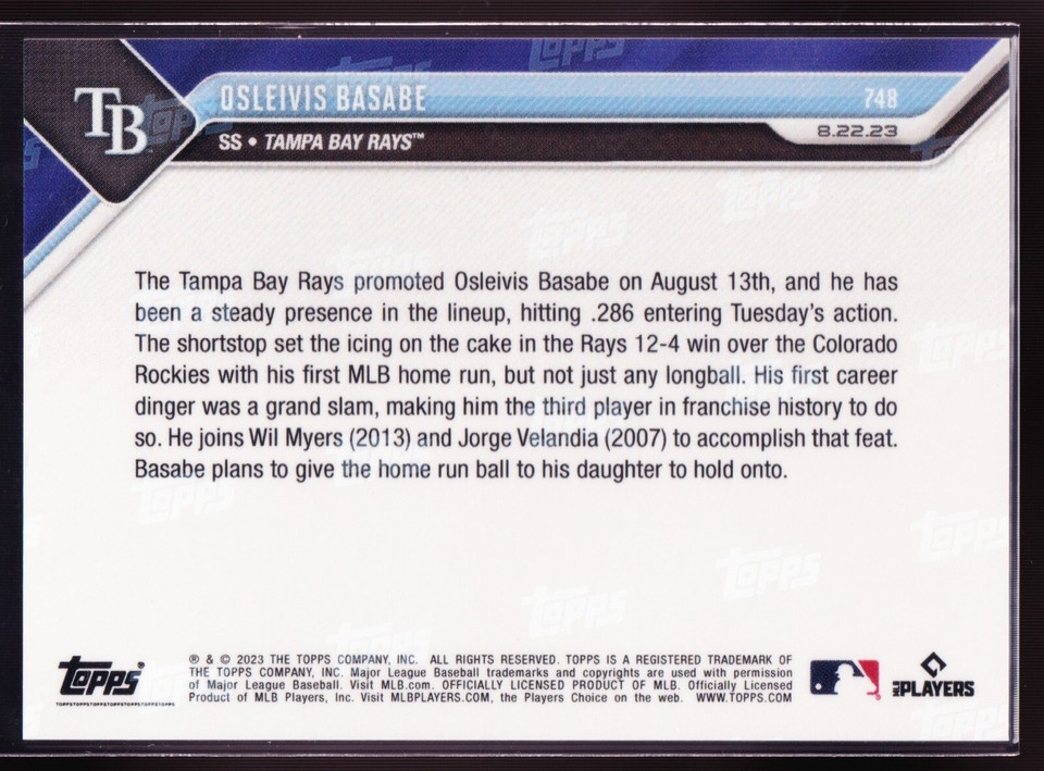 Osleivis Basabe Rays Grand Slam Is 1st Career Hit 2023 TOPPS NOW #748 ...