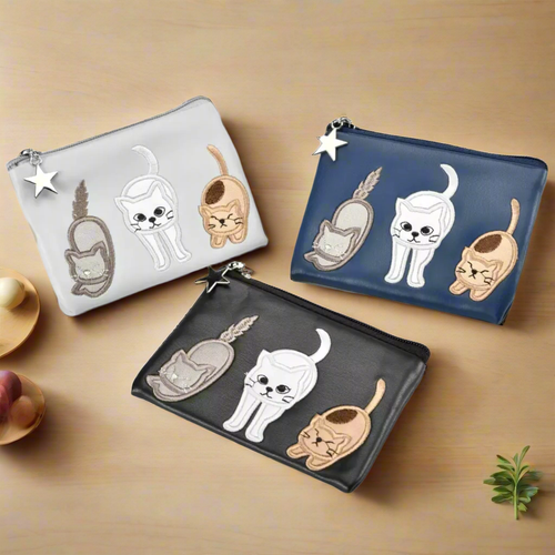 FAUX Leather Embroidered Applique Cats Ladies Coin Purse Black Blue ...