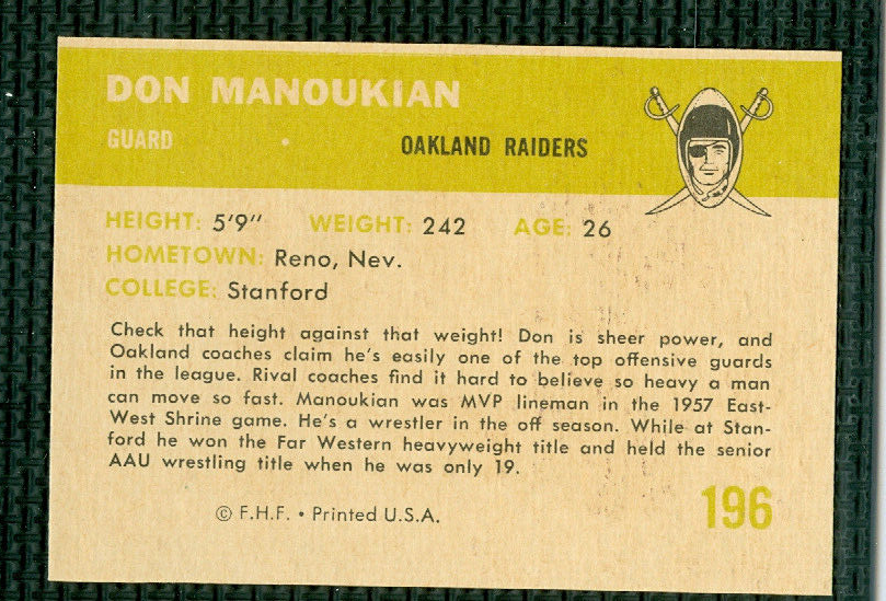 1961 FLEER FOOTBALL #196 DON MANOUKIAN SP RAIDERS MINT PERFECT CENTERED ...