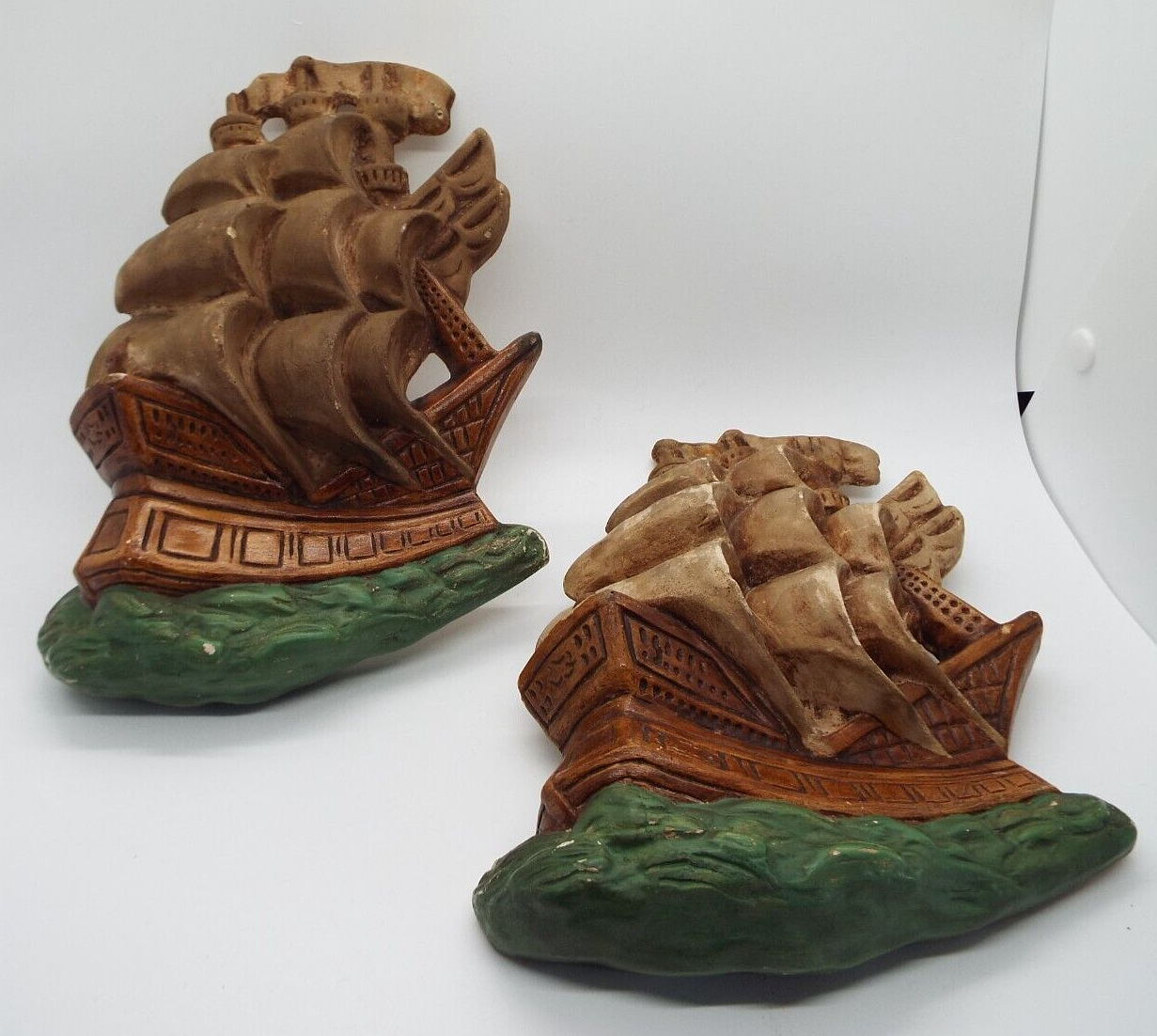TWO VINTAGE ART DECO CHALK POTTERY GREEN & BROWN GALLEON WALL PLAQUES ...