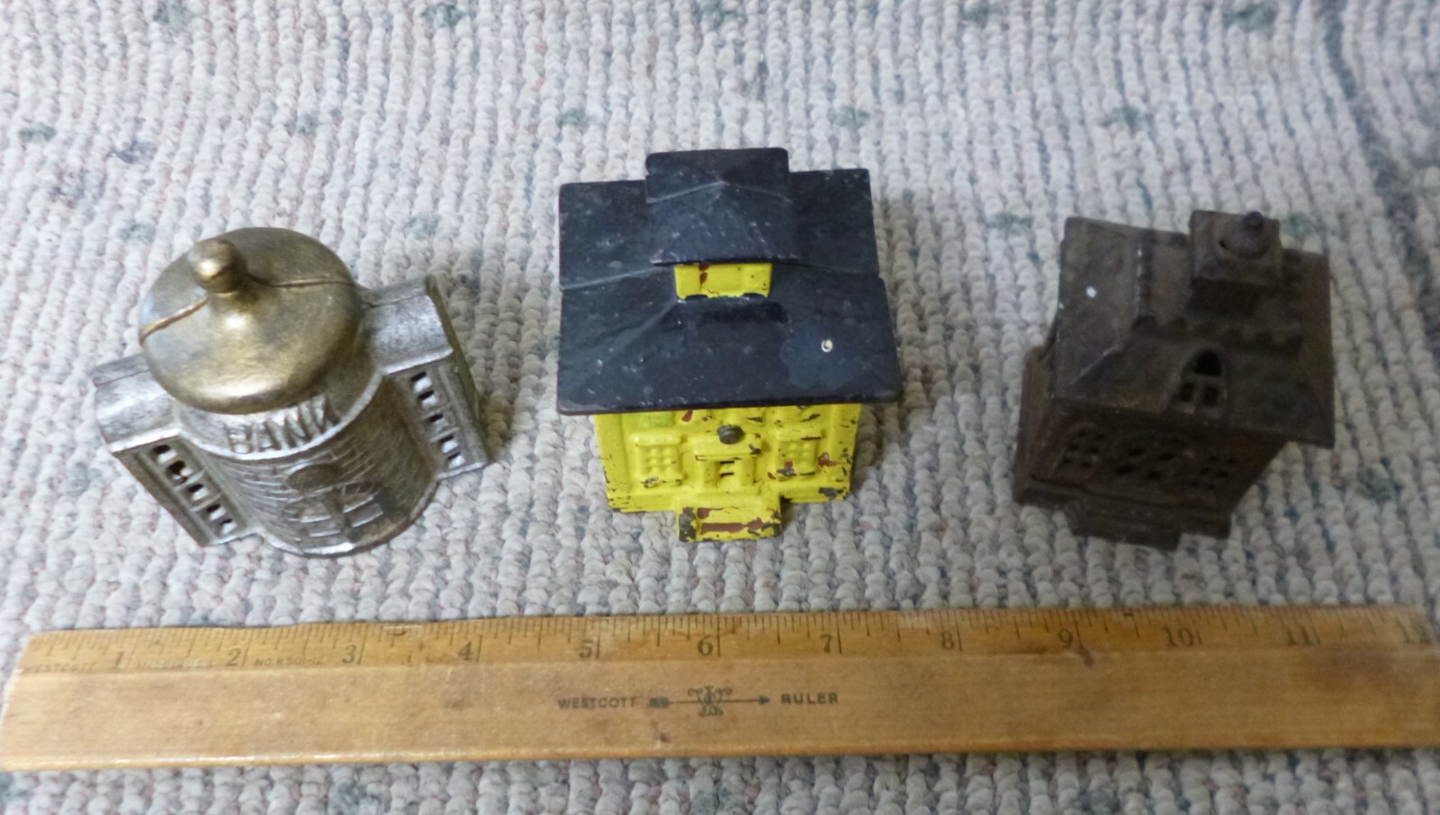 3 Antique Small Sized Cast Iron Still Banks, Presto, Cupola & State ...
