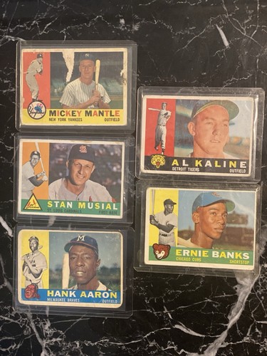 Lot of 5 1960 Topps Baseball Cards: Mantle, Aaron, Kaline, Musial ...
