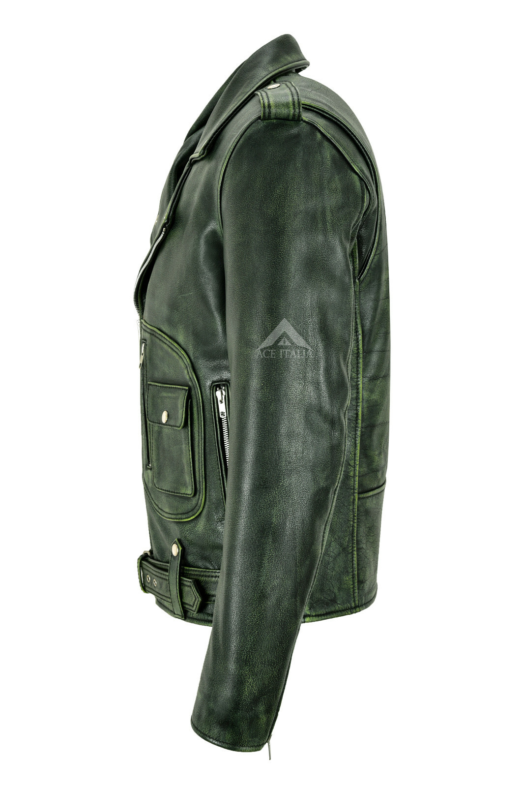 Men's Biker Jacket Green Vintage Brando Style Thick Cowhide Riding ...
