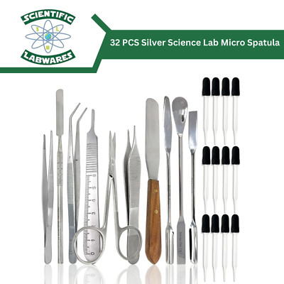 Scientific Labwares 32 PCS Silver Science Lab Micro Spatula Tweezer ...